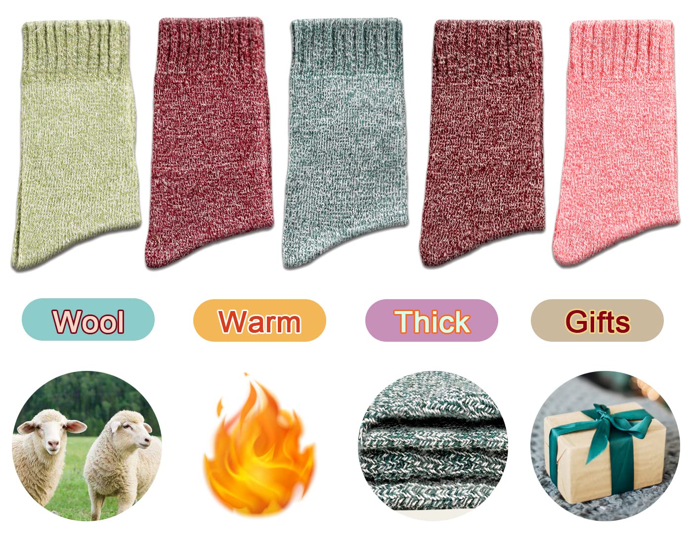 Heatuff Women's Winter Wool Socks Warm Soft Full Cushion Crew Socks (5 Pairs)