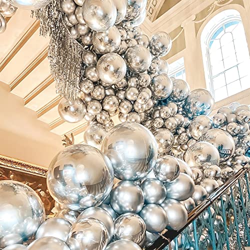 PartyWoo Metallic Silver Balloons 50 pcs 12 Inch and Disco Silver Foil Balloons 6 pcs
