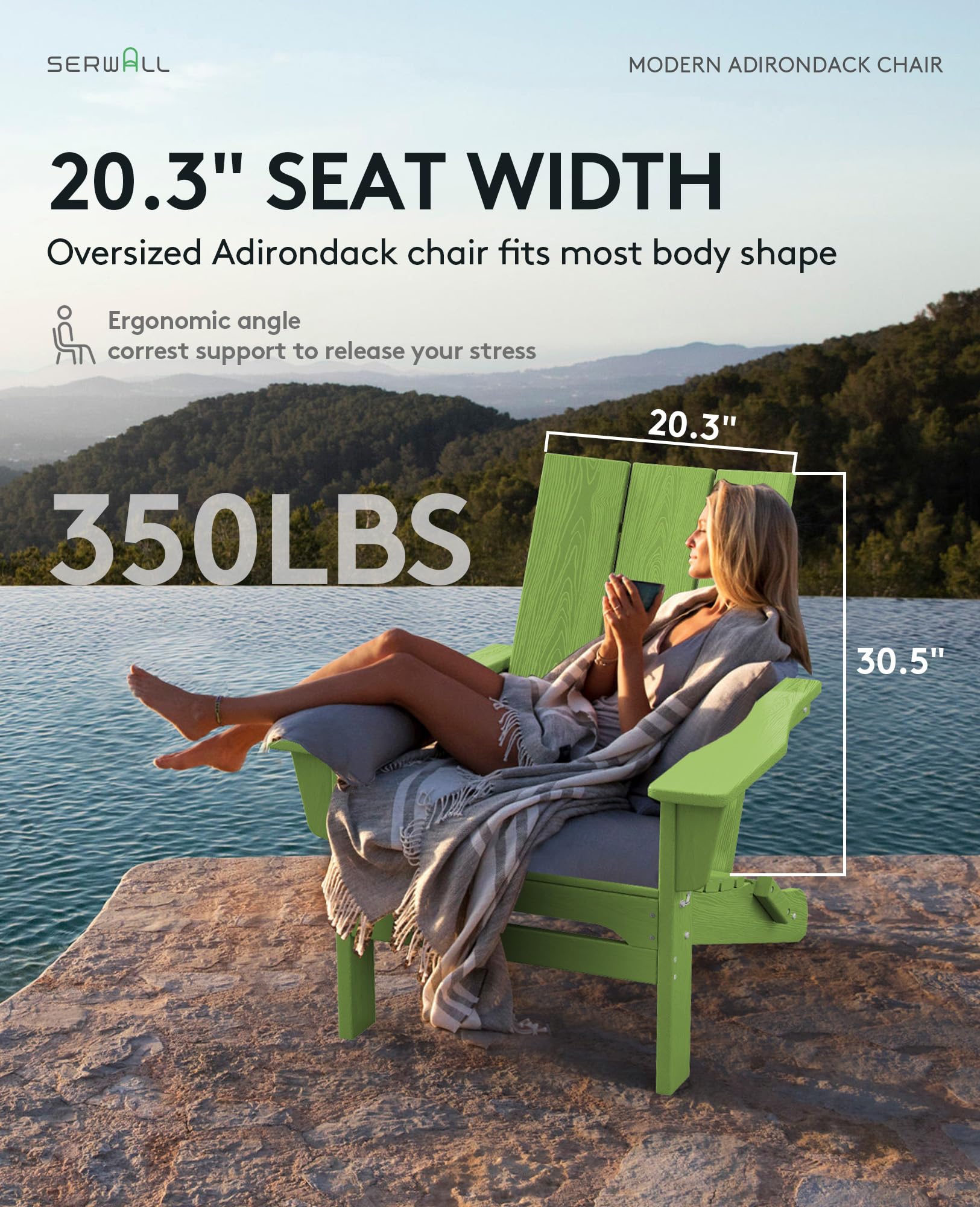 SERWALL Modern Folding Adirondack Chair Set of 4, Oversized Folding Adirondack Chair with Curved Backrest, HDPE Outdoor Adirondack Chair, Brown
