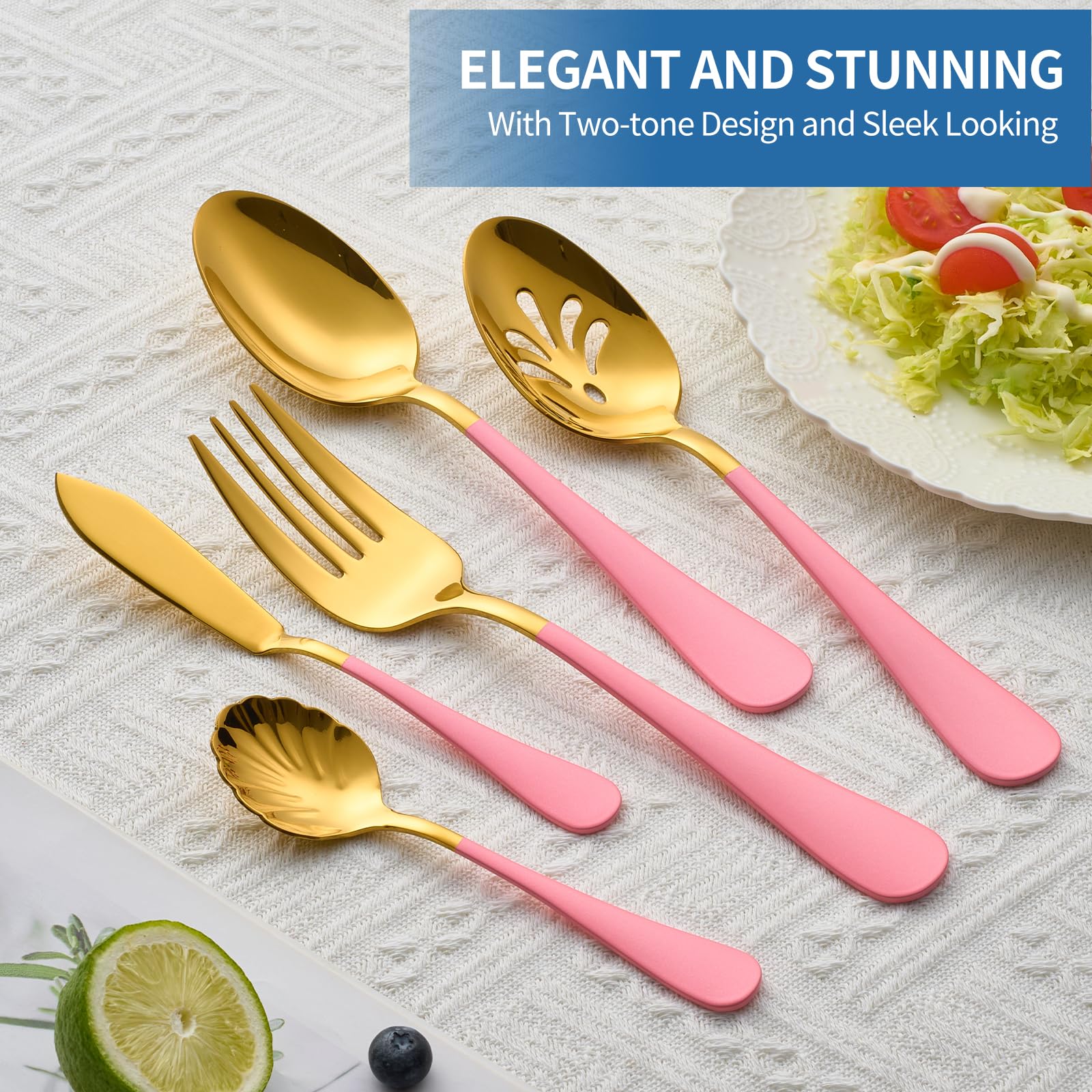 Moxinox 10-Piece Black & Gold Flatware Serving Set, 18/0 Stainless Steel Colorful Handle, Includes Serving Fork, Solid & Pierced Serving Spoon,Sugar Spoon,Butter Knife,Mirror Polished,Dishwasher Safe