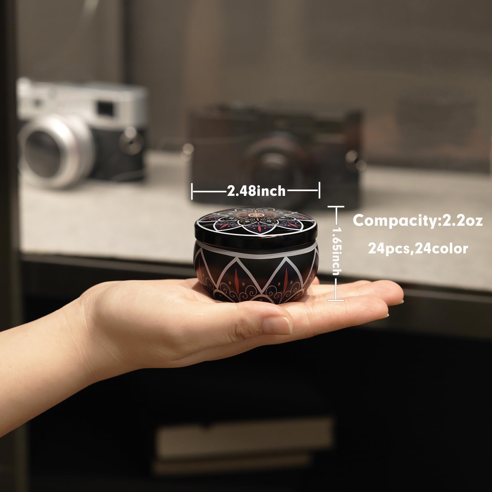 Domivirgo Candle Tins with Lid, 2.5oz 24 Designs Tinplate Cans with Wicks, Wick Holders, Wick Stickers for Candle Making, DIY Arts and Crafts, Small Item Storage