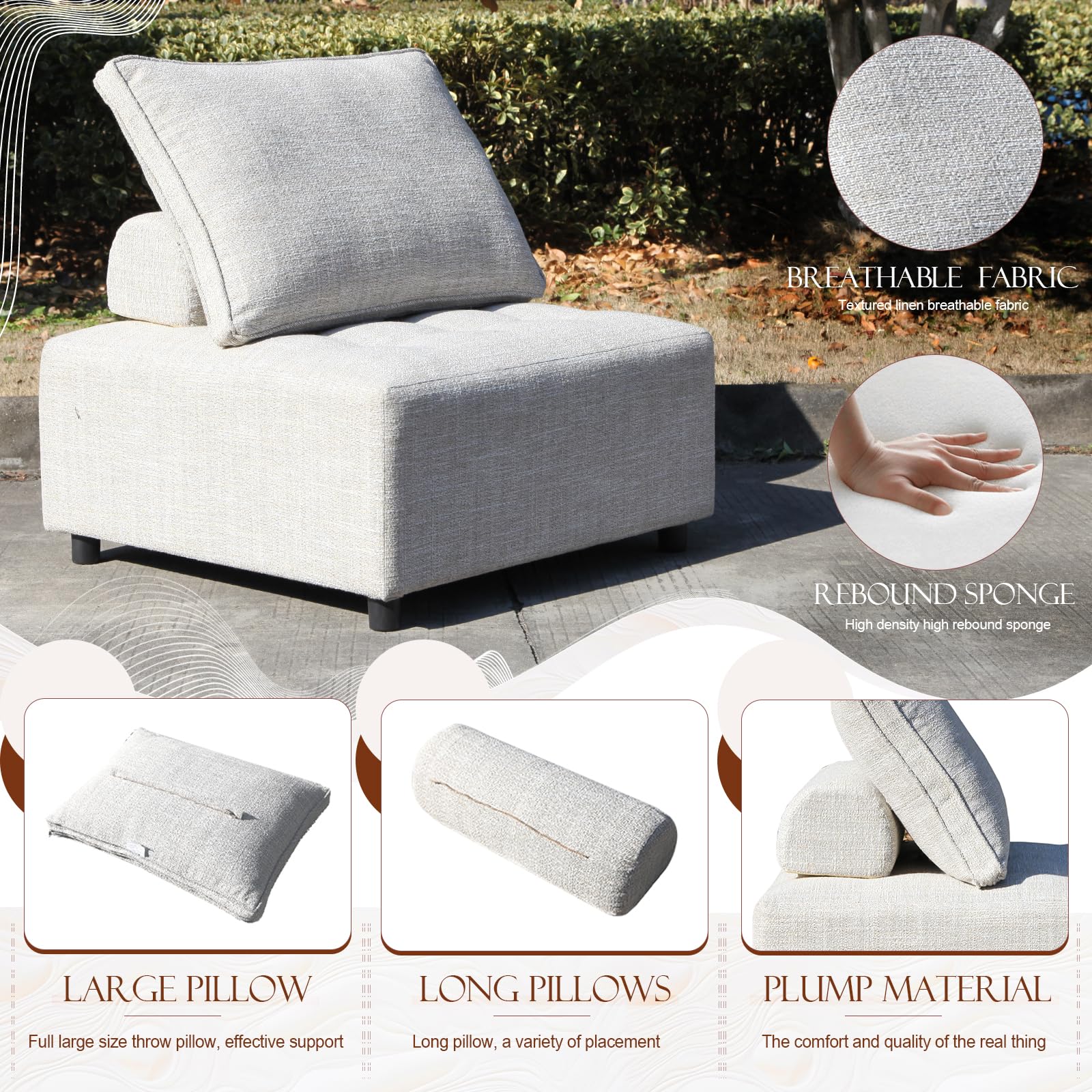 ROCKINGRUN Modular Sectional Sofa,1 Seat Modern Convertible Sofa Couch,Linen Fabric Single Sofa,Free Combination into L Shaped Sofa, Sofa Sleeper, Sofa Set for Bedroom, Living Room,1PCS Beige