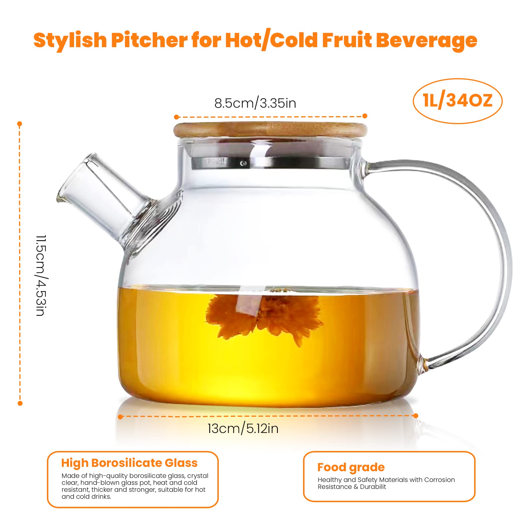 Glass Pitcher with Bamboo Lid, Glass Teapot Stovetop & Microwave Safe, Glass Borosilicate Teapot with Removable Filter Spout, 34oz/1000ml, Teapot for Loose Leaf and Blooming Tea and Fruit Tea