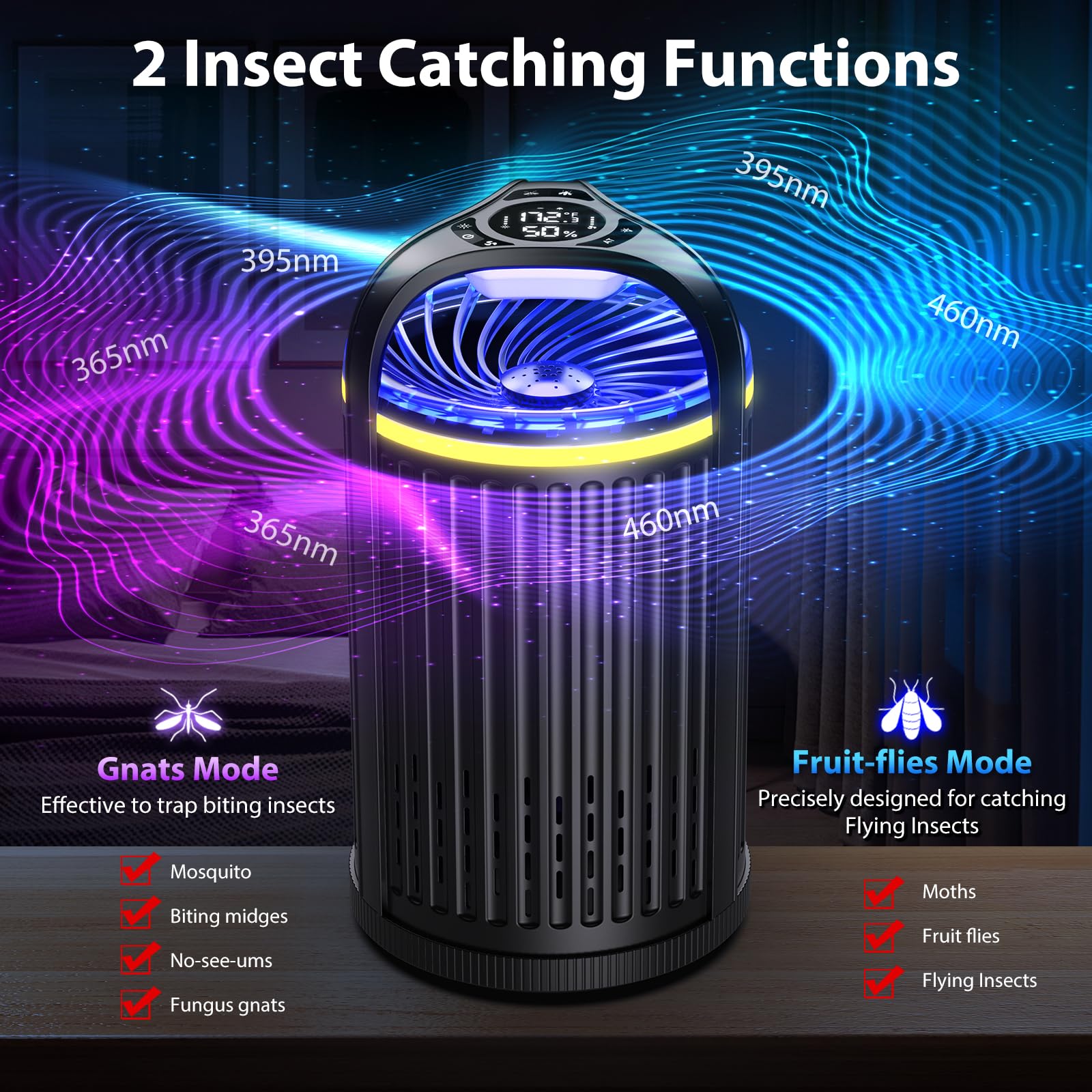 Fruit Fly Traps for Indoors, Smart Pro Indoor Insect Traps for Fruit Flies, Moths, Fungus Gnats, Mosquitos, Efficient Pest Control with Temperature & Humidity Sensor, One-Click Start with Memory Mode