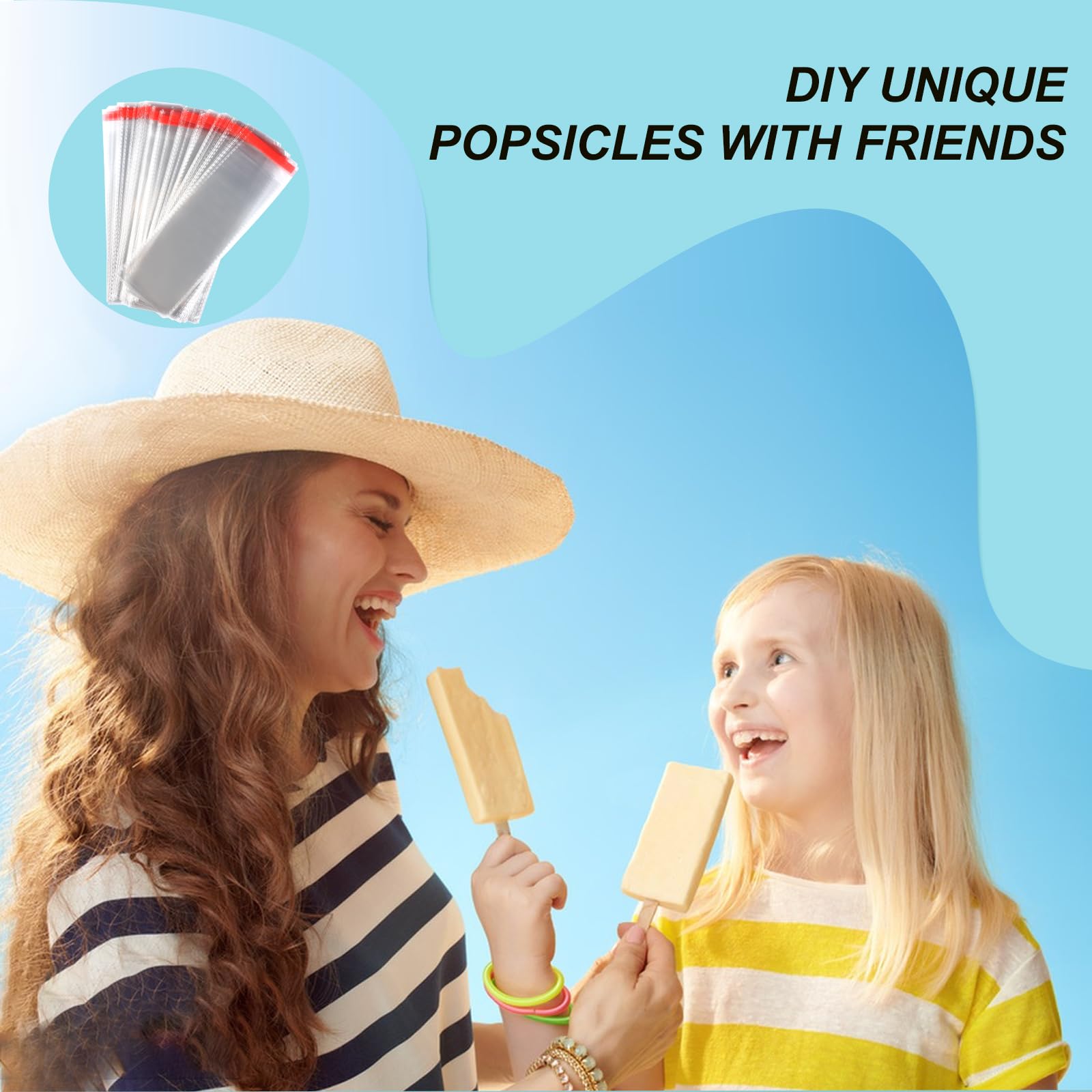 MSLOVE 400Pcs Popsicle Bags Sealable, Ice Cream Bags For Ice Pop, Self-adhesive Plastic Wrappers, 8.27in x 3.15in