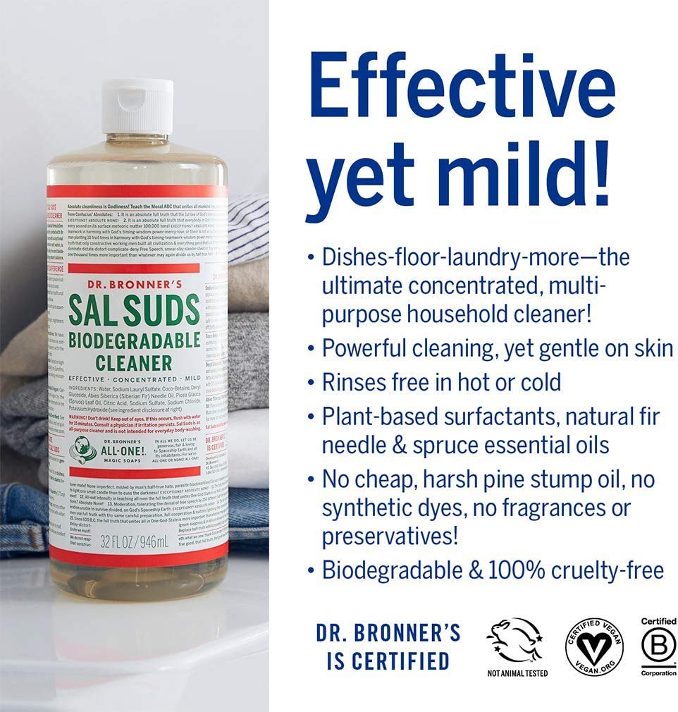 Dr. Bronner's - Sal Suds Biodegradable Cleaner (16 oz, 2-pack) - All-Purpose Cleaner, Pine Cleaner for Floors, Laundry and Dishes, Concentrated, Cuts Grease and Dirt, Powerful Cleaner