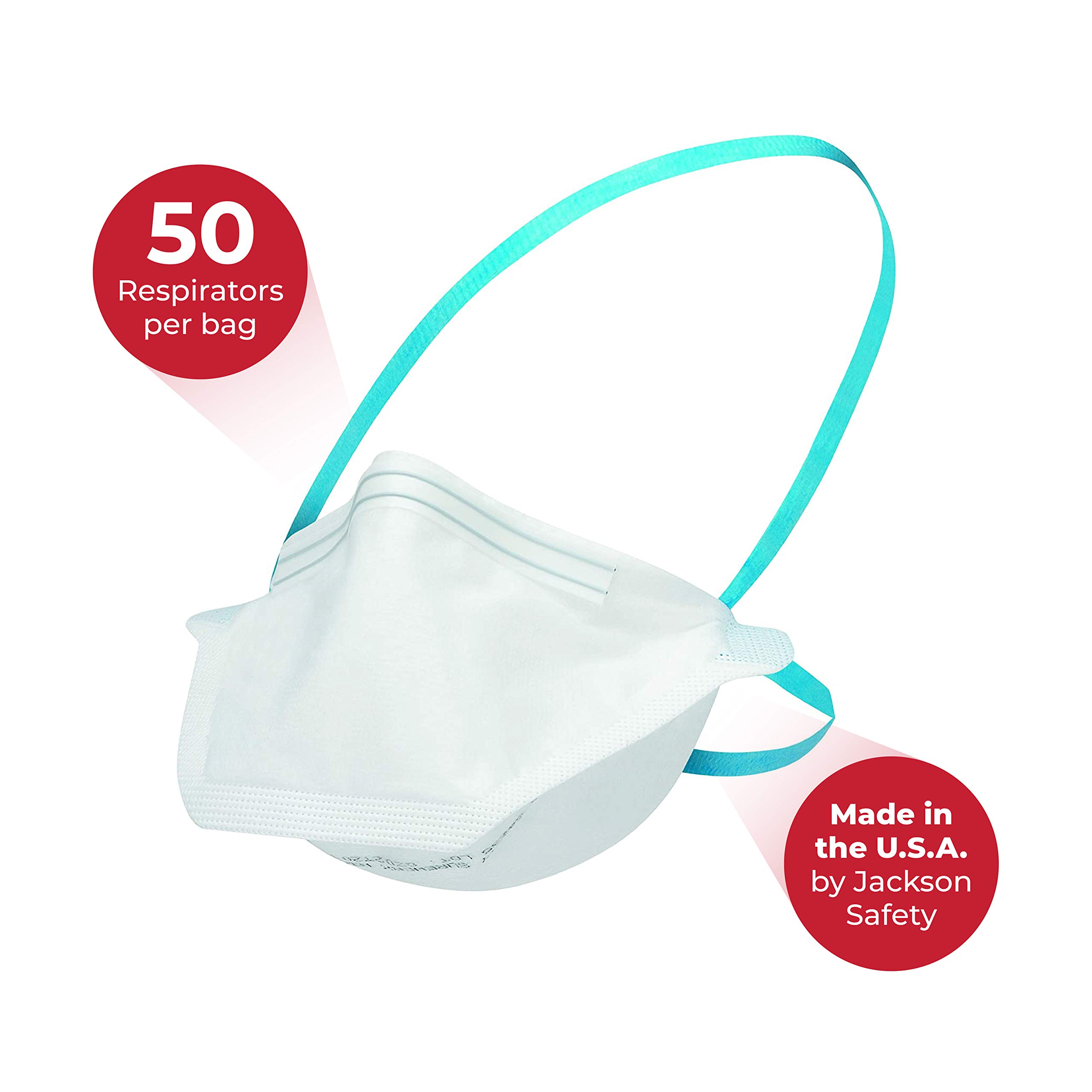 Jackson Safety N95 Mask NIOSH-Approved β 50 Pack β USA Made Disposable Face Protection Filter Shield & Particulate Respirator with Head and Neck Straps, Pouch Style with Large Breathing Chamber, White