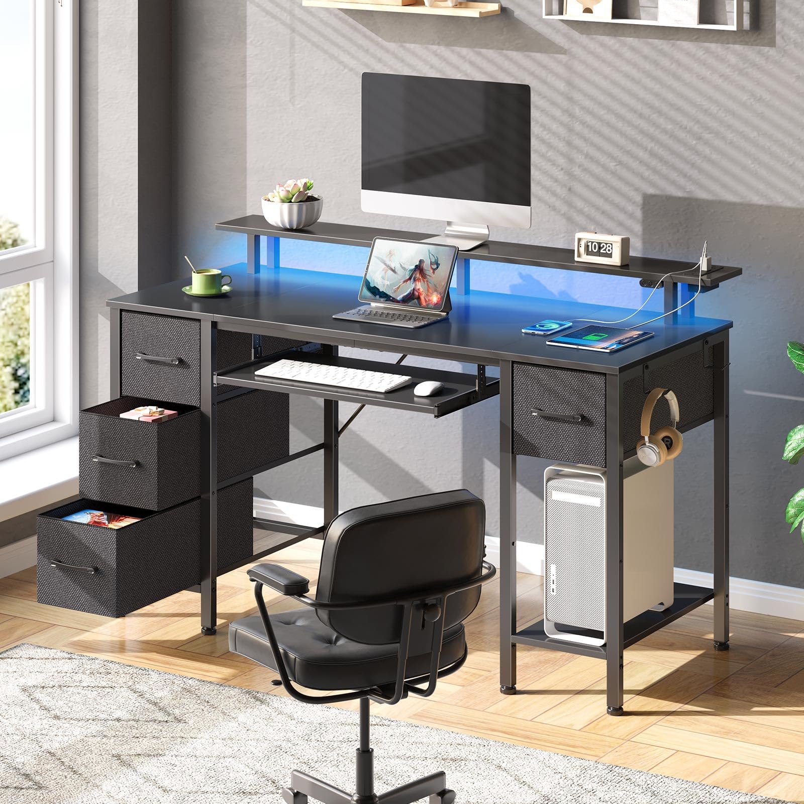 Seventable Computer Desk 47.2" with LED Lights & Power Outlets, Home Office Desk with 4 Drawers, Writing Desk with Keyboard Tray, Study Desk with Monitor Stand, Work Desk for Home Office, Black