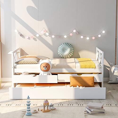 OYN Wooden Twin Multi-Functional Daybed Frame Set with X Headboard,Storage Drawers and Trundle for Children Teen Boys and Girls, White