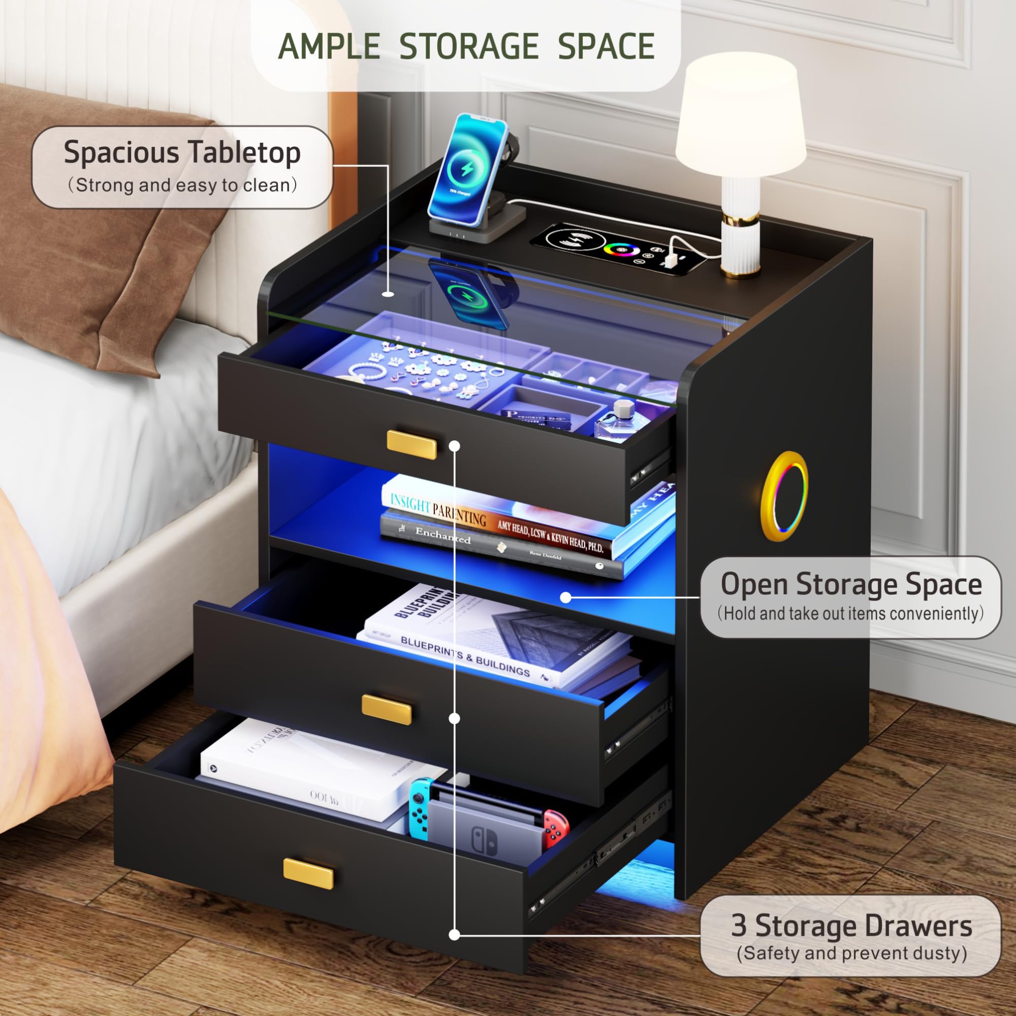 Nightstands with LED Lights, Smart Night Stand with Bluetooth Speakers & Body sensors, Modern Side Tables with Wireless Charging Stations,Black Bedside Table with Drawers (Black)