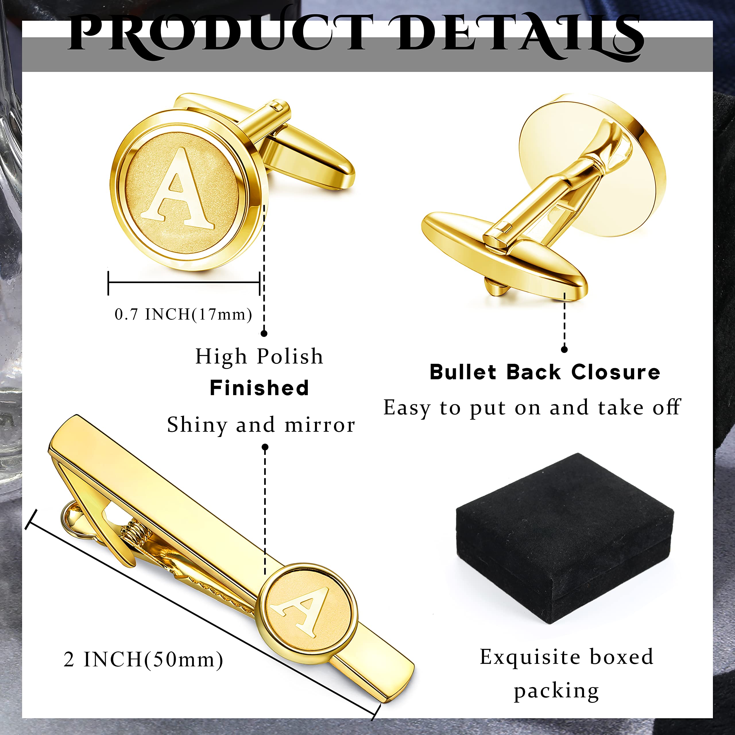 Helicopchain Initial Cufflinks and Tie Clips Set for Men Personalized Shirt Gold Cuff Links and Tie Bar Alphabet Letter P with Gift Box for Wedding Business Groom Husband