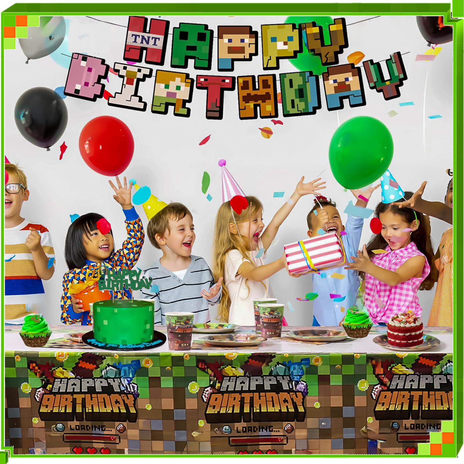 Pixel Birthday Party Decorations - Party Favour Set Includes Pixel Banner, Plates, Napkins, Cups, Tablecloth, Balloons, Forks. (green)