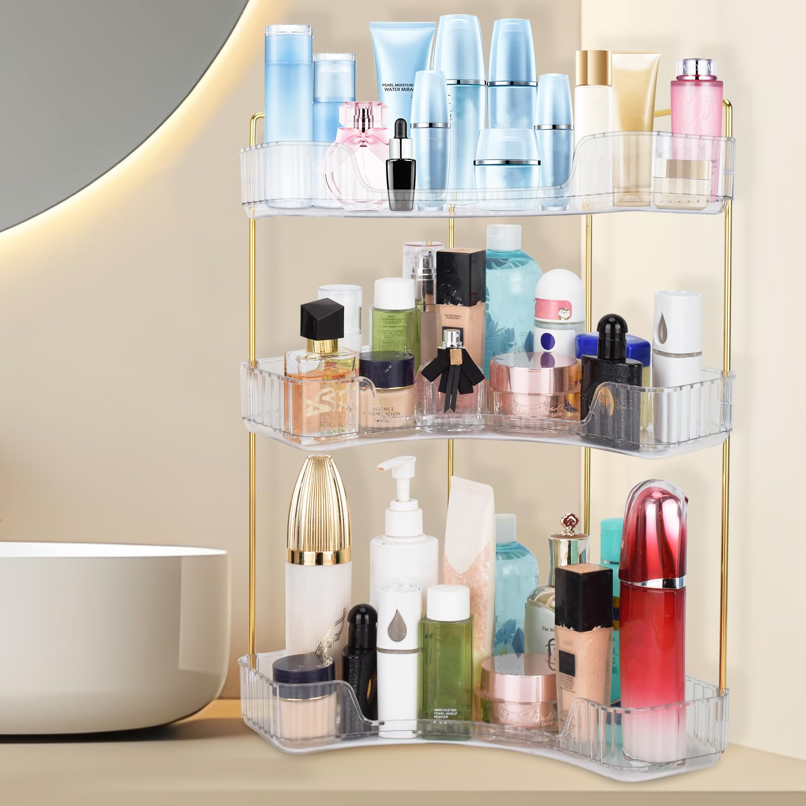 Mondelys Large 3Tier Corner Bathroom Counter Organizer,Countertop Perfume Storage,Dresser Countertop Shelf Organizer,Makeup Cosmetic Shelf for Bathroom Dresser Corner Storage,Countertop Organizer