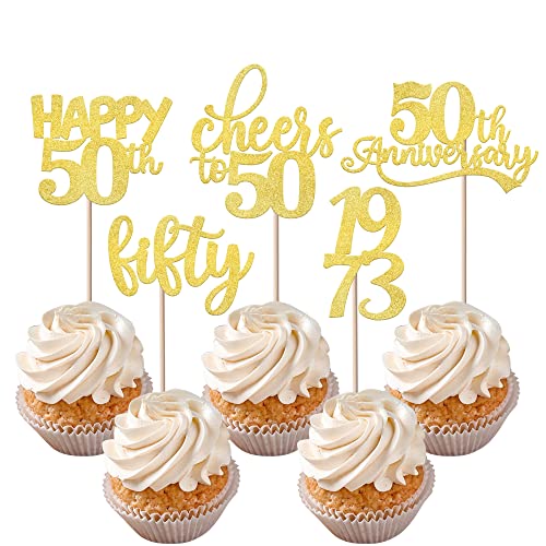 Rsstarxi 30 Pack Gold Glitter 50th Birthday Cupcake Toppers Fifty Since 1973 Cheers to 50 Years Old Birthday Cupcake Picks for Happy 50th Birthday Anniversary Party Cake Decorations Supplies