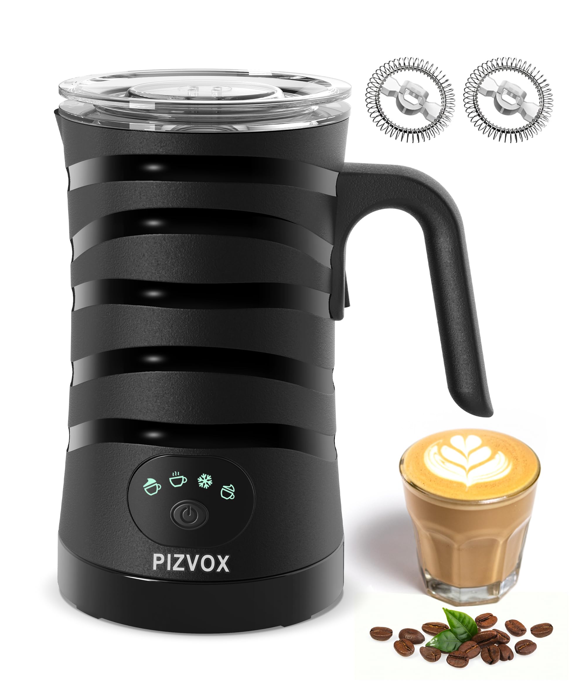 PIZVOX 4-in-1 Electric Milk Frother and Steamer - Versatile & Quiet Foam Maker with Automatic Shut-Off - Perfect for Lattes, Cappuccinos, Macchiato - Large 350ml Capacity for Home Baristas (Black2)