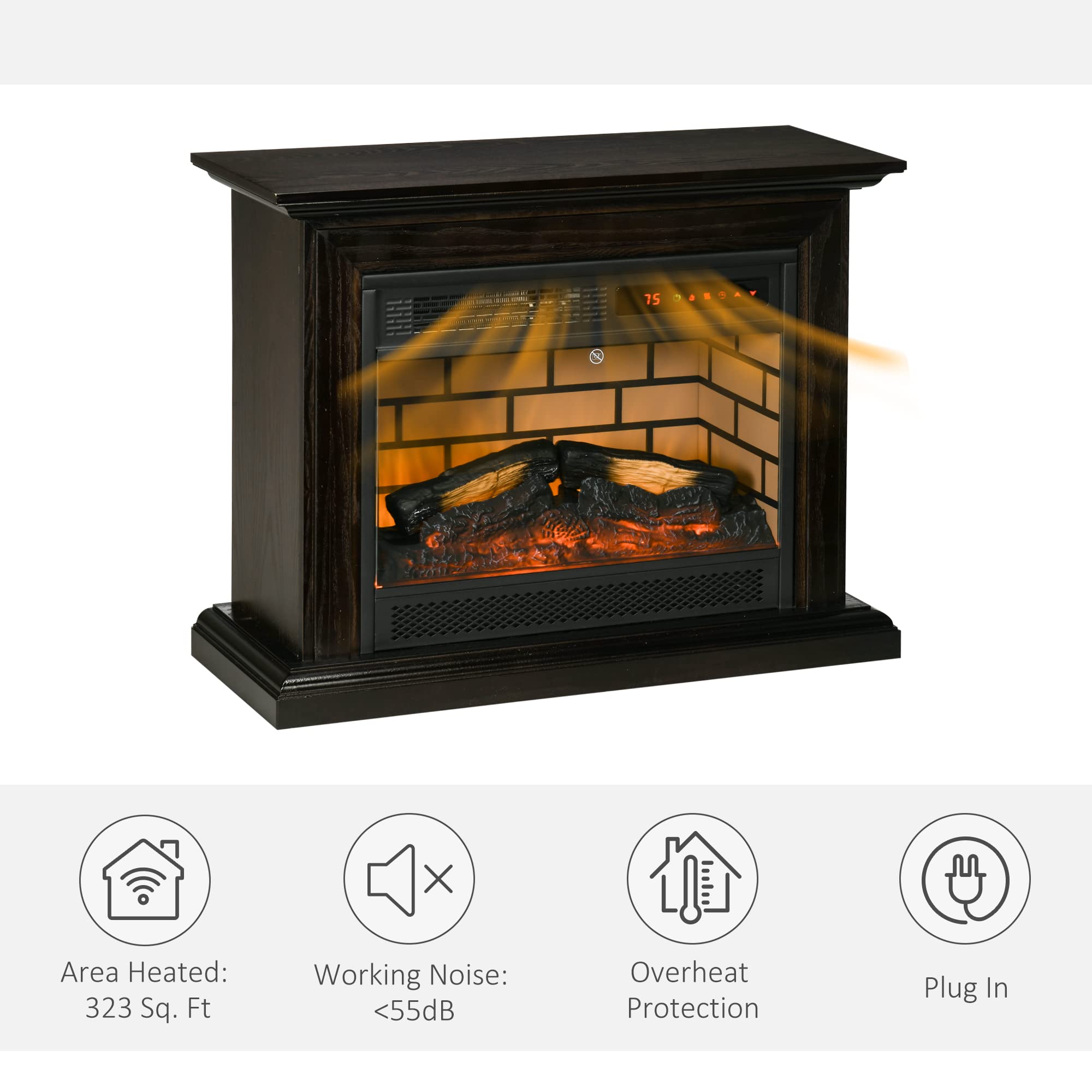 HOMCOM 31" Electric Fireplace with Dimmable Flame Effect and Mantel, Freestanding Space Heater with Log Hearth and Remote Control, 1400W, White