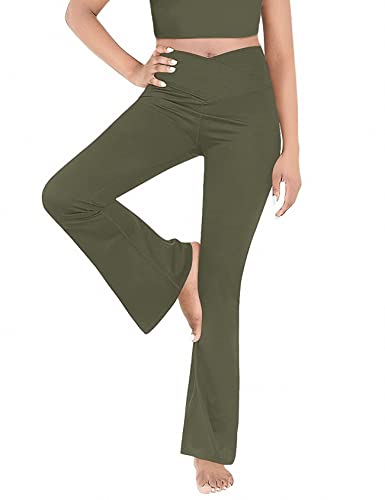 Flygo Women's Bootleg Flare Yoga Pants Leggings Crossover High Waisted Workout Pants (ArmyGreen-M)