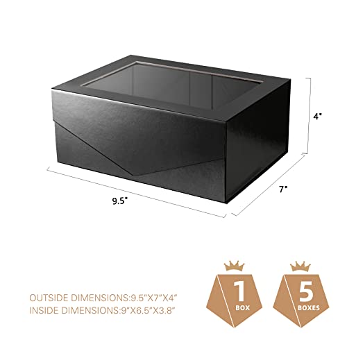 PACKQUEEN Gift Box with Window, 9x6.5x3.8 Inches, Black Gift Box for Present Contains Ribbon, Card, Groomsman Proposal Box, Gift Box with Magnetic Lid (Glossy Black)