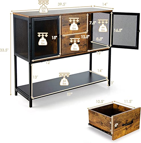 PETSITE Sideboard Buffet with Storage Cabinet, Industrial Coffee Bar Console Table Credenza with Mesh Doors, Drawers & Shelf for Kitchen Entryway, Rustic Brown