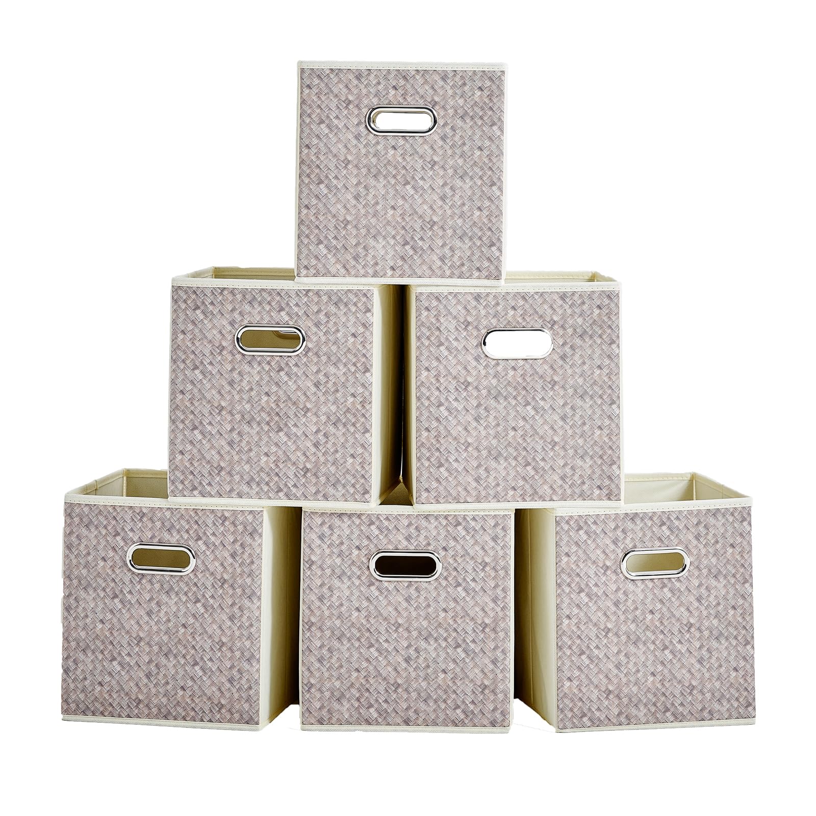 SHACO 6 Pack Beige Woven Pattern Foldable Storage Cubes Bins,10.5"x10.5" Fabric Storage Bins with Double Metal Handles,Set of 6 Closet Organizers for Shelves Cabinet Bookcase