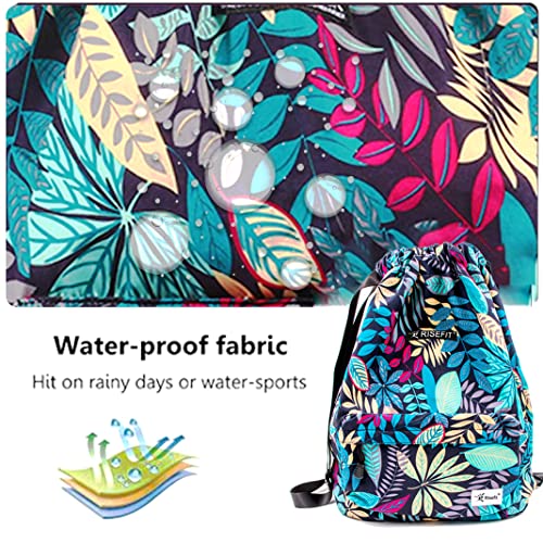 Risefit Water Resistant Drawstring Bag, Gym Bag Sackpack Sports Beach Backpack for Men Women (Blue Leaves)