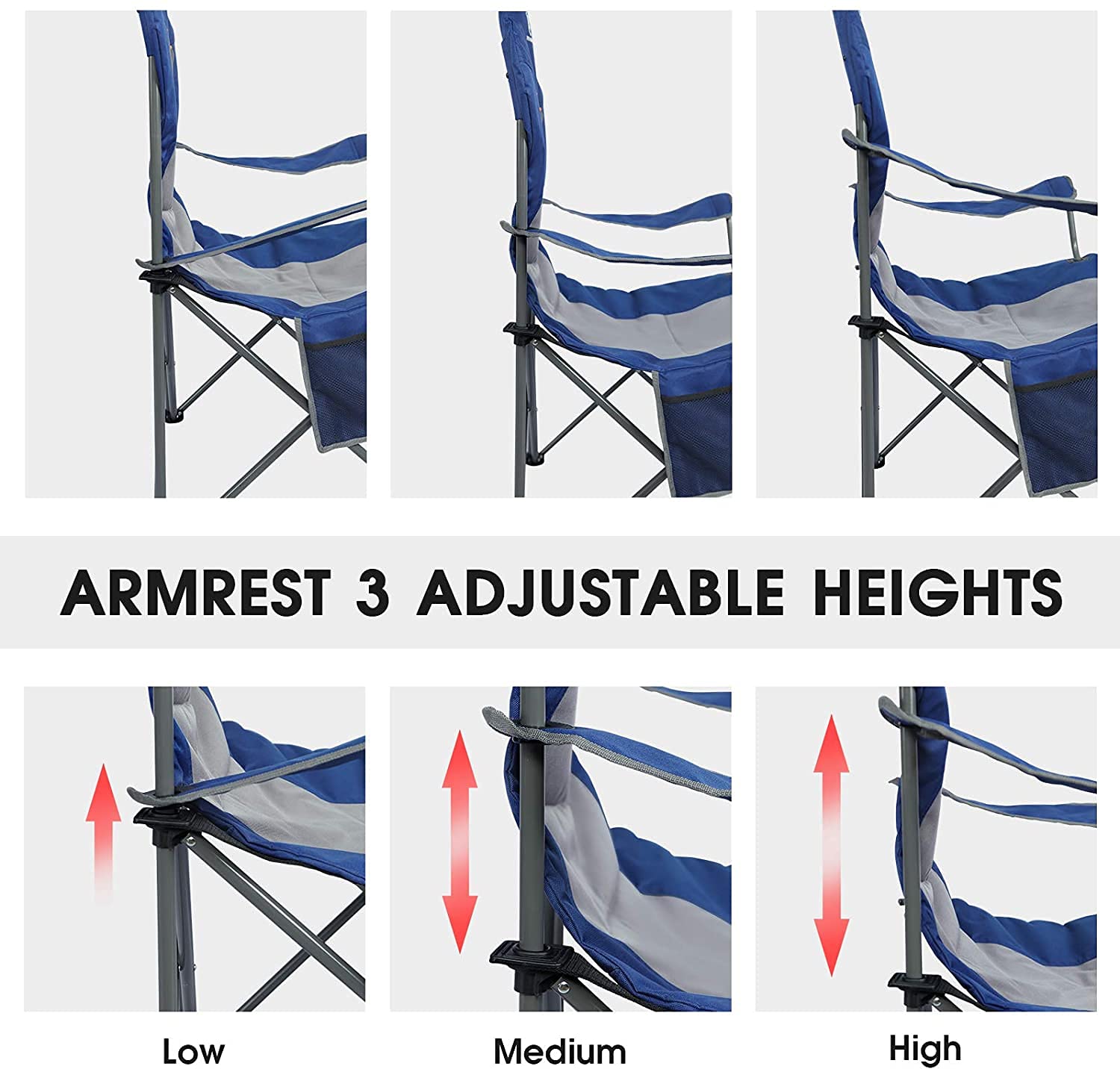 EVER ADVANCED High Back Folding Camping Chair for Outside, Padded Oversized Camp Chair with Cup Holder Side Pocket Carry Bag, Grey