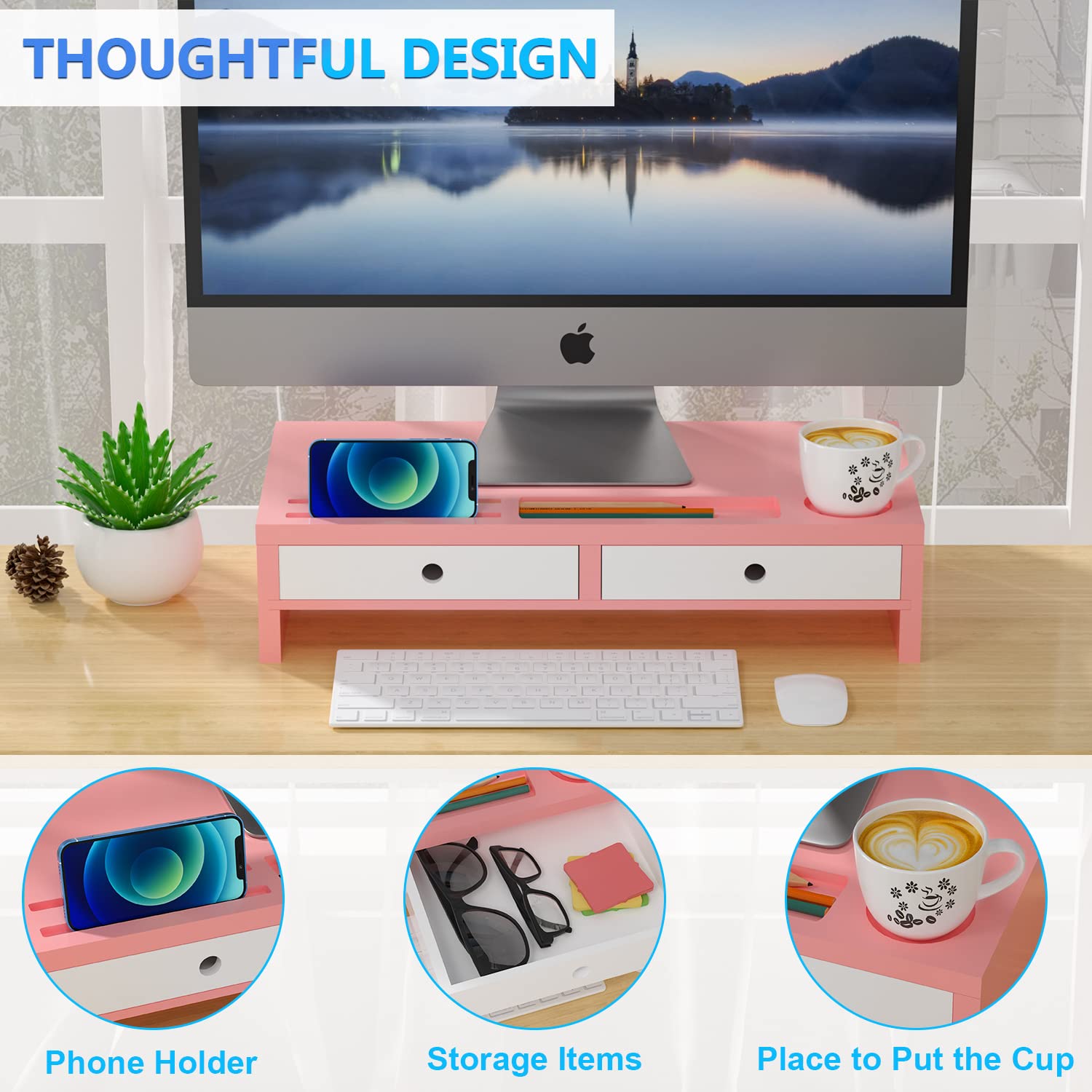 Monitor Stand Riser with Drawers, Desktop Stand Shelf Lift with Phone/Cup Holder for Computer TV Laptop Printer Screen, Bamboo Desk Organizers and Accessories, Home Office Supplies, Pink & White