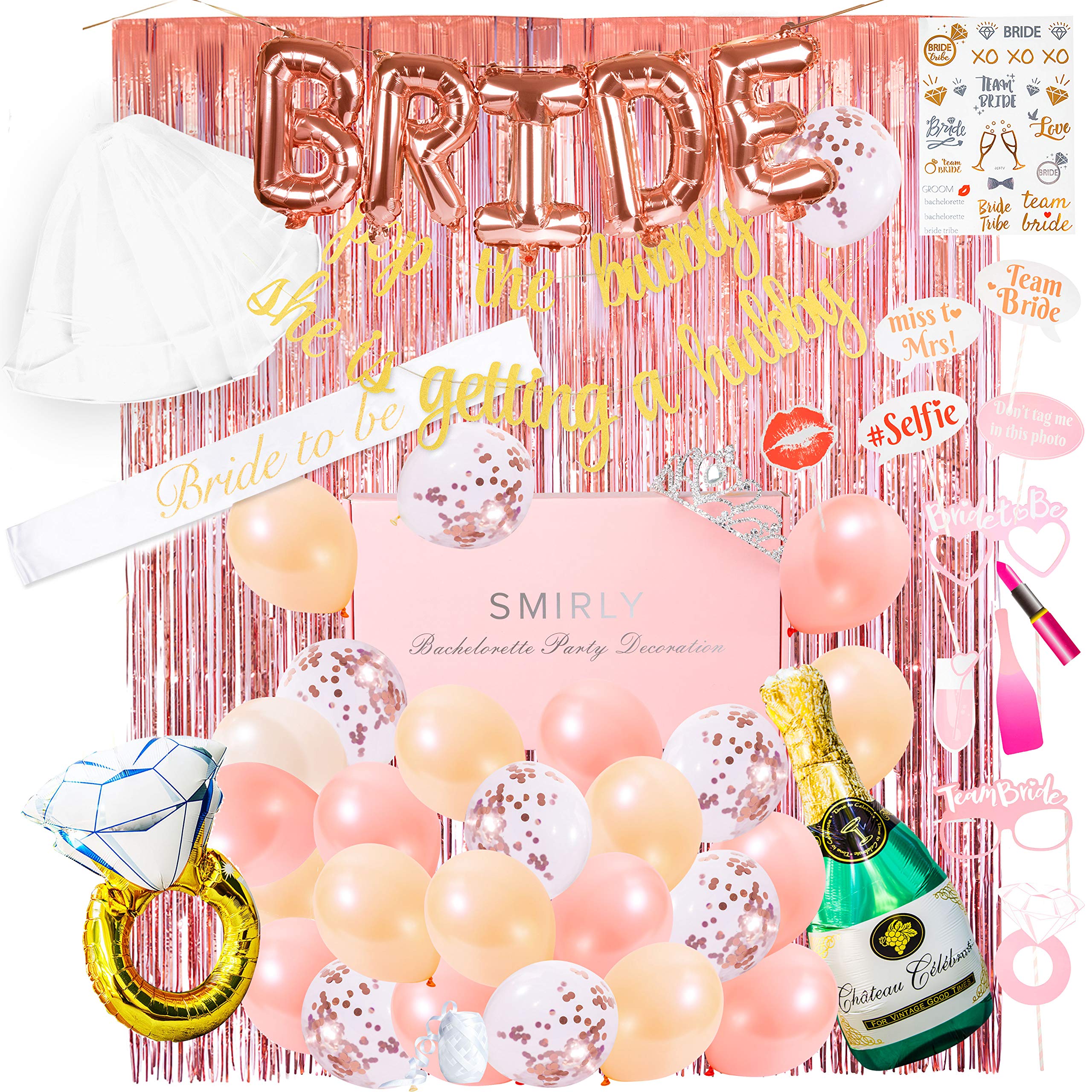 SMIRLY Bachelorette Party Decorations Kit: Rose Gold Bridal Shower Decorations Kit, Bachelorette Party Supplies, Bride to Be Decorations, Bridal Shower Decor, Bachelorette Sash and Veil Bride Balloons