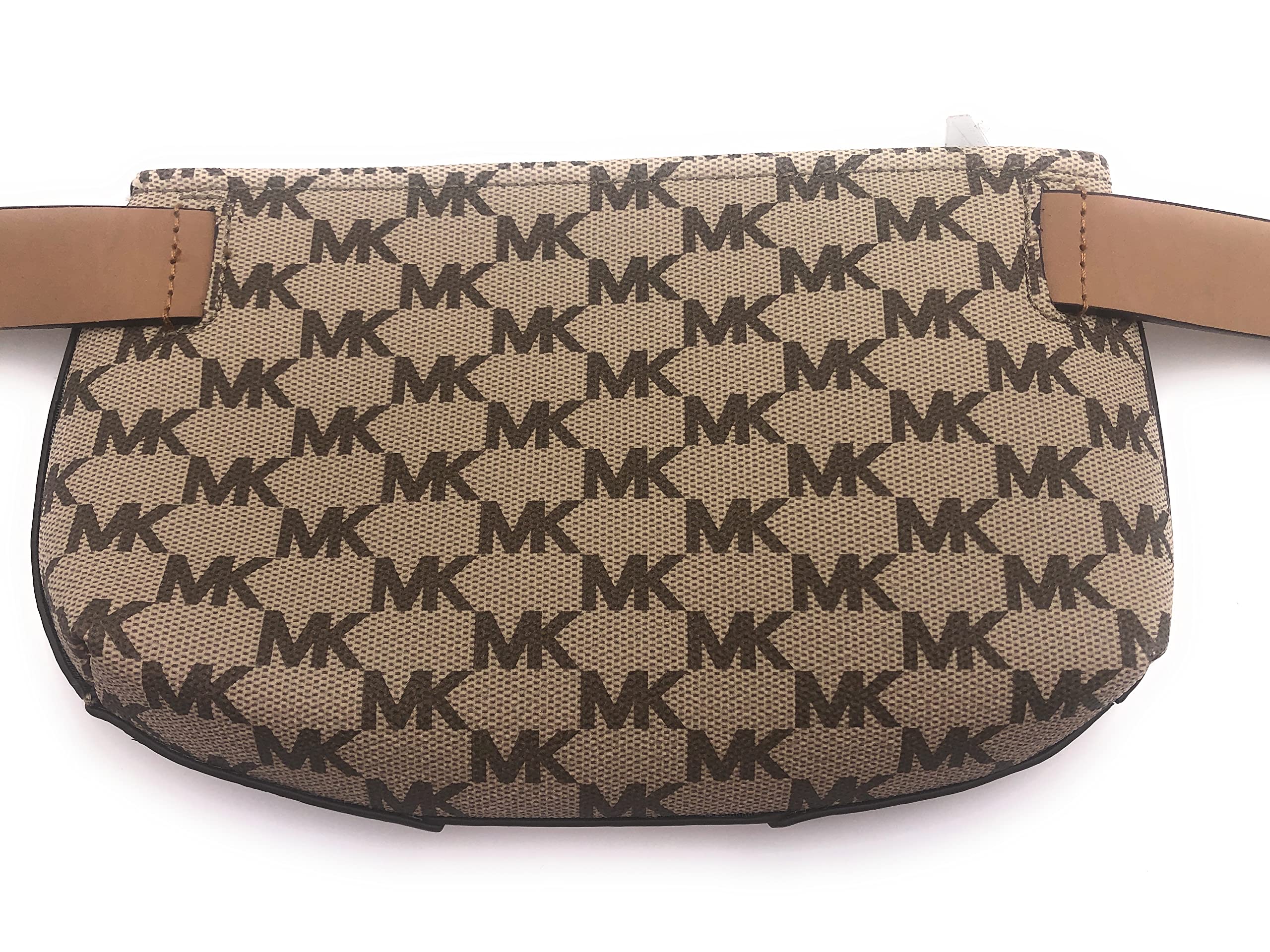 Michael Kors 556137C Brown/Khaki/White Logo Design With Silver Hardware Women's Adjustable Belt Bag Waist Pack (L/XL)