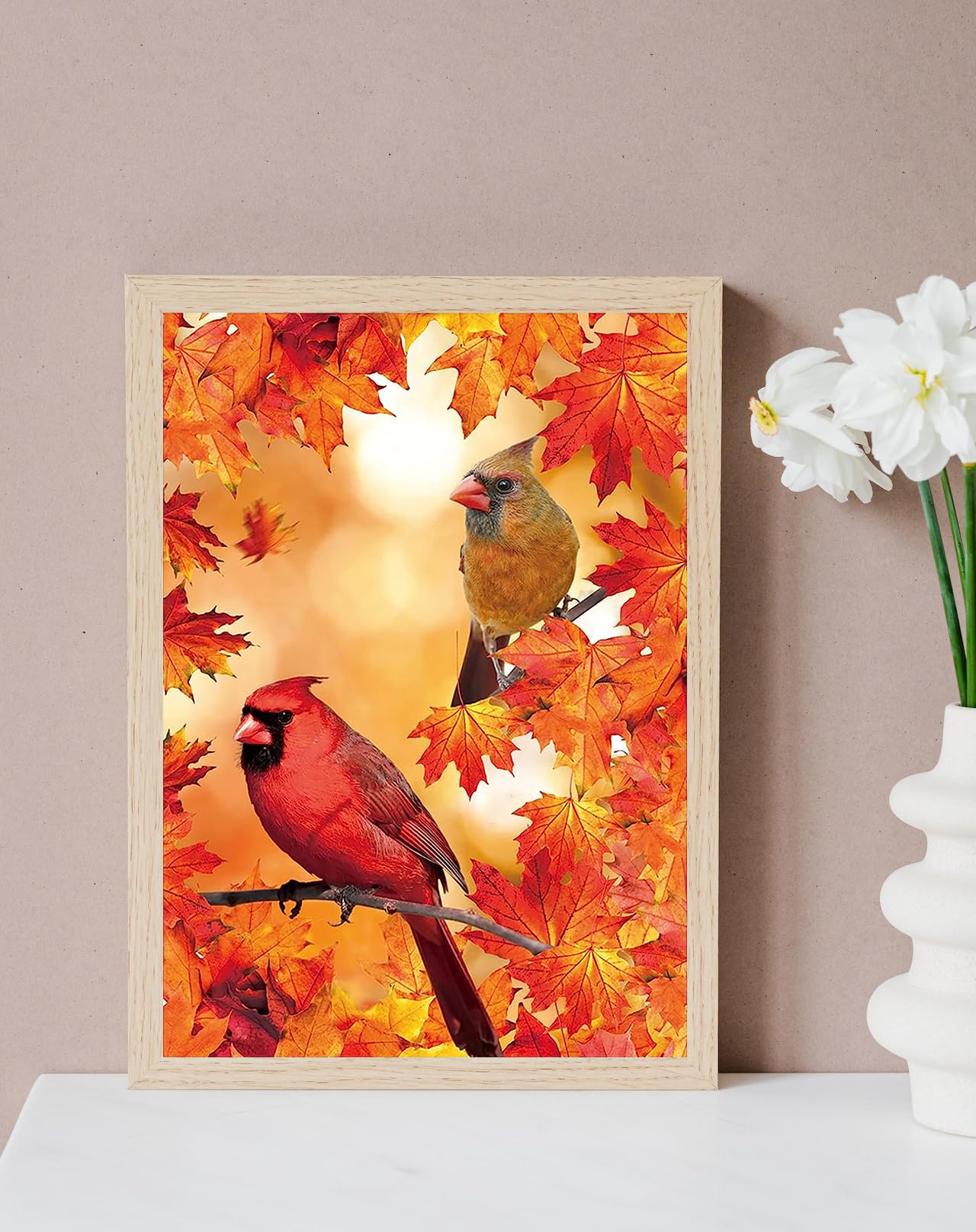 Fall Birds Diamond Painting Kits for Adults, Cardinal 5D Diamond Art Kits, DIY Maple Leaves Paint with Diamonds Kit, Full Drill Round Diamond Dots Autumn Gem Art for Home Wall Decor 12 x 16 Inch