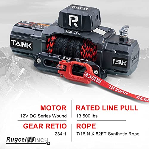 RUGCEL WINCH 13500lb Waterproof Electric Synthetic Rope Winch 12V with Hawse Fairlead, 2 in 1 Wireless Remote,Double color rope,for Truck SUV