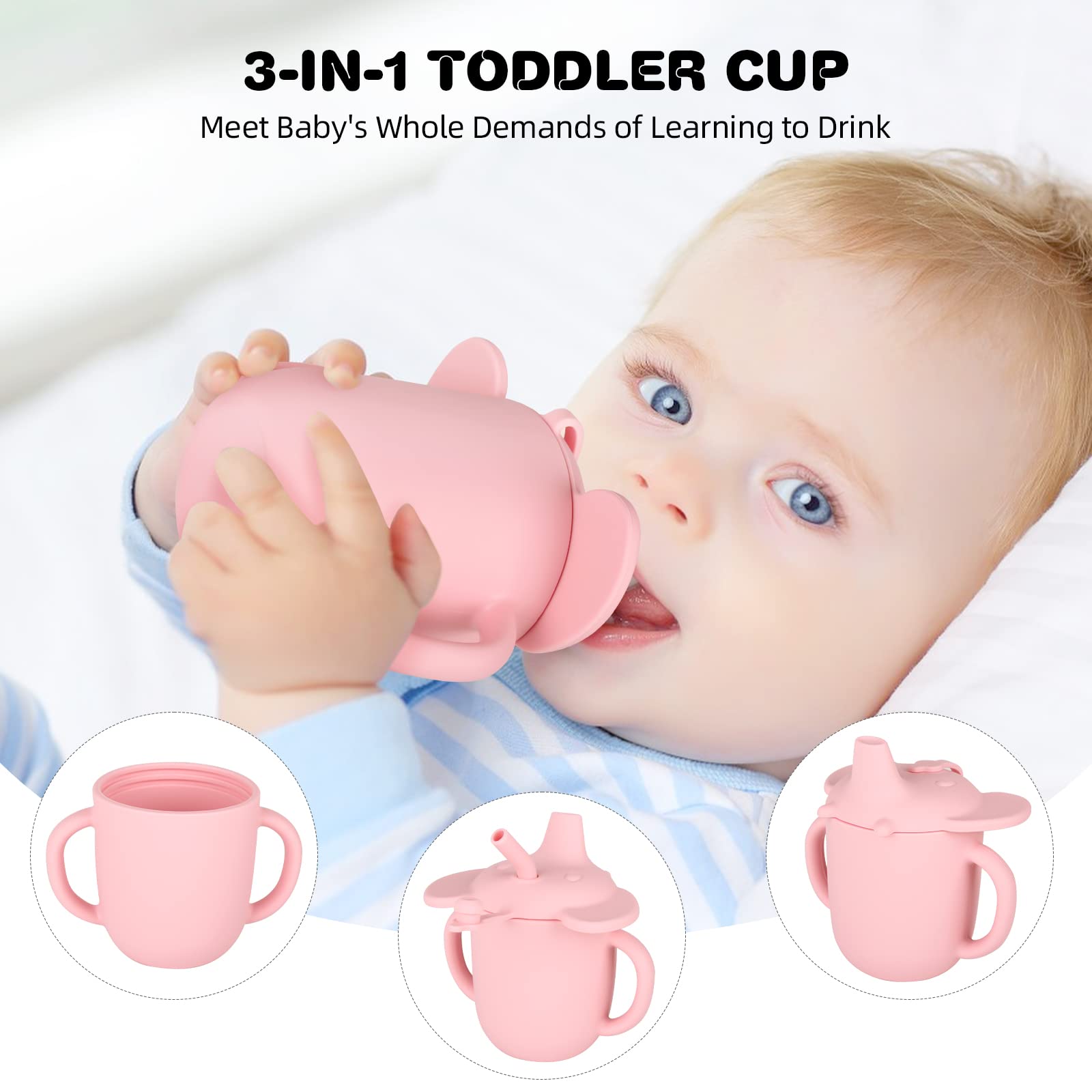 Fu Store Toddler Cup Elephant Silicone Training Cup Sippy Cup 3-in-1 with Straw Lid Trainer Cup with Handle for Babies Toddlers and Infant (Pink)