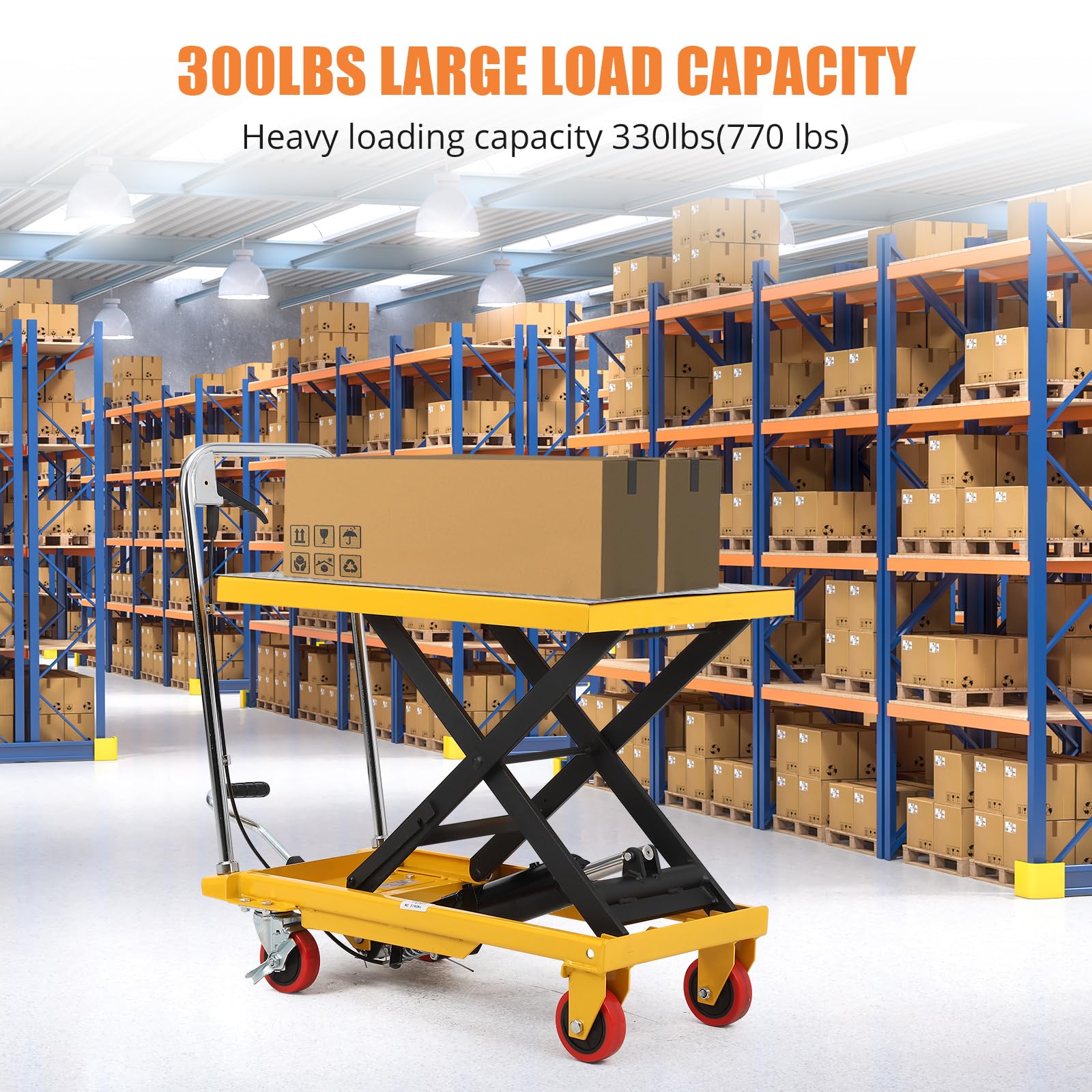 Hydraulic Lift Table Cart 500lbs, Lift Table Capacity 28.4" Lifting Height, Manual Single Scissor with Pressure Relief Bar, 4 Wheels Non-Slip Pad Thickness 3mm for Material Handling
