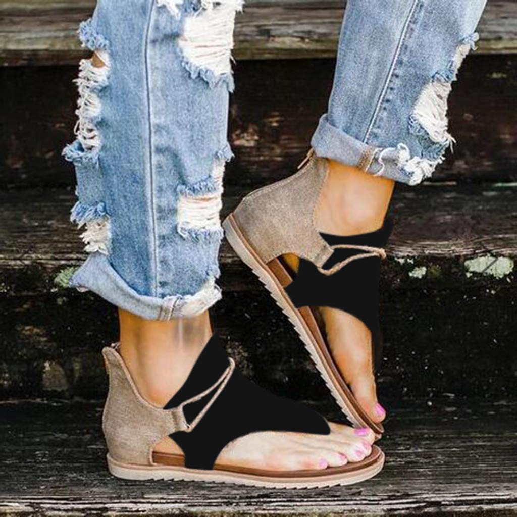 FABIURT Sandals for Women Roman Sandals Slip-On Ankle Strap Flip Flop Open Toe Casual Summer Beach Gladiator Flat Sandal