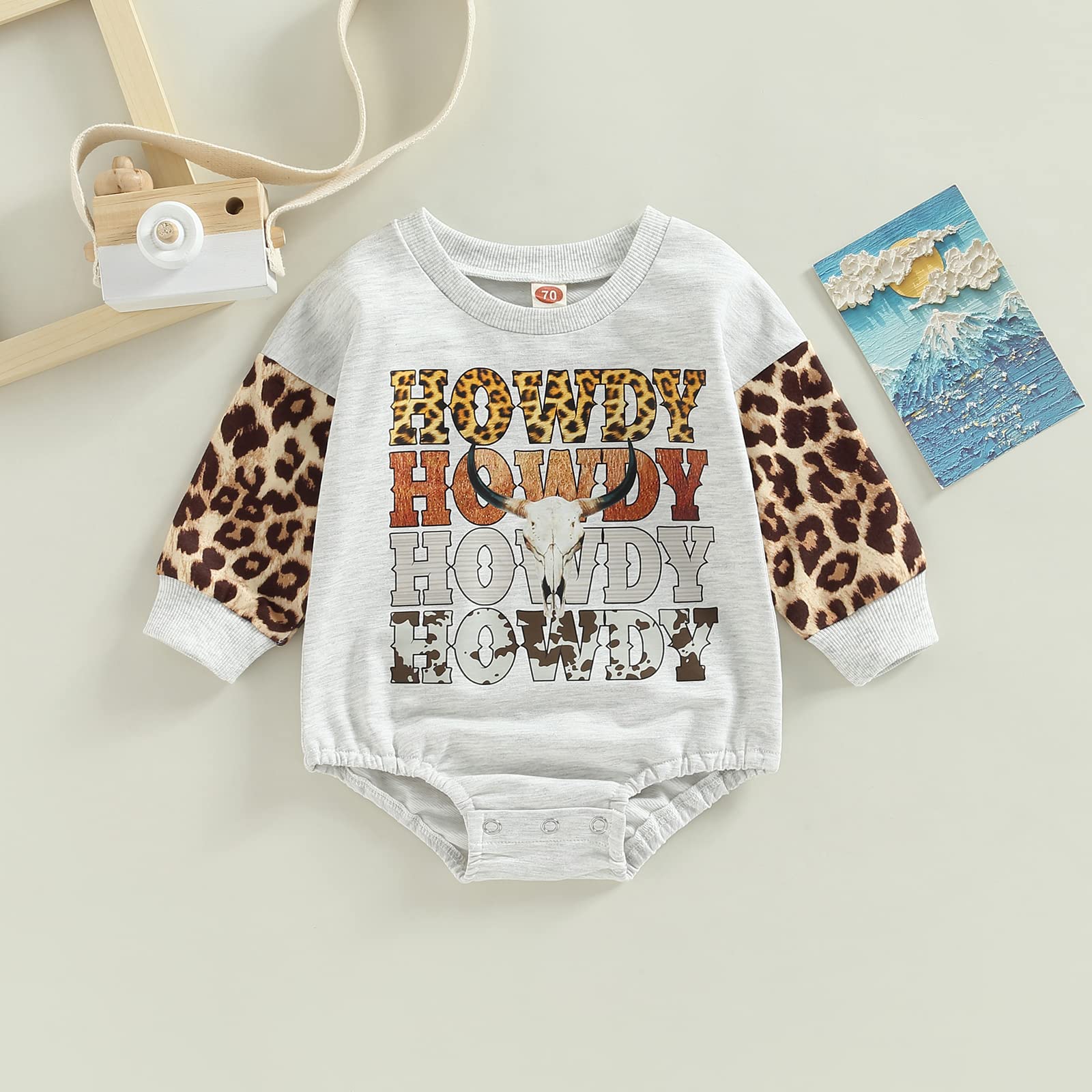 Lamuusaa Western Baby Girl Boy Clothes Long Sleeve Romper Sweatshirt Cow Print Bodysuit Oversized Sweater Fall Outfit 0-24M (Leopard A, 0-6 Months)