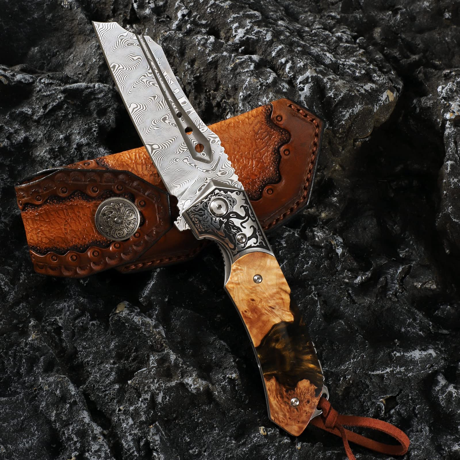 Minowe Japan Handmade Damascus steel steel Folding Pocket Knife,3.5 in High hardness blade,Frame Lock,With Leather Sheath,resin and Maple handle,Mountaineering go fishing hunting Adventure Knifee