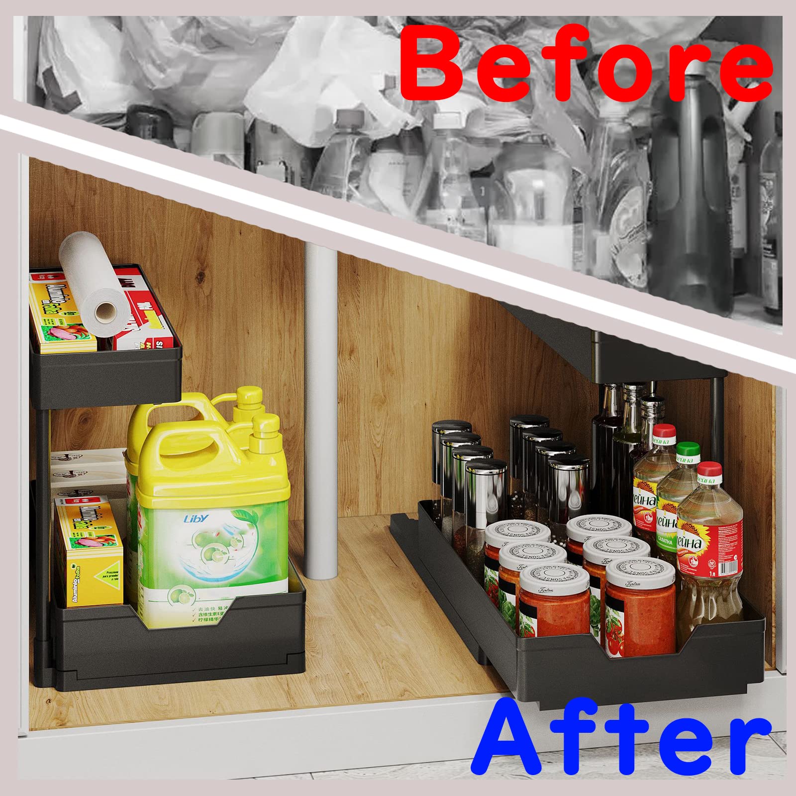 FatPnut Kitchen Under Sink Organizer, 2 Tier Slide Out Under Cabinet Organizer, 2 Pack Double Shelf Kitchen Storage, Under the Sink Organizer Bathroom (Black) SCSN-L-02
