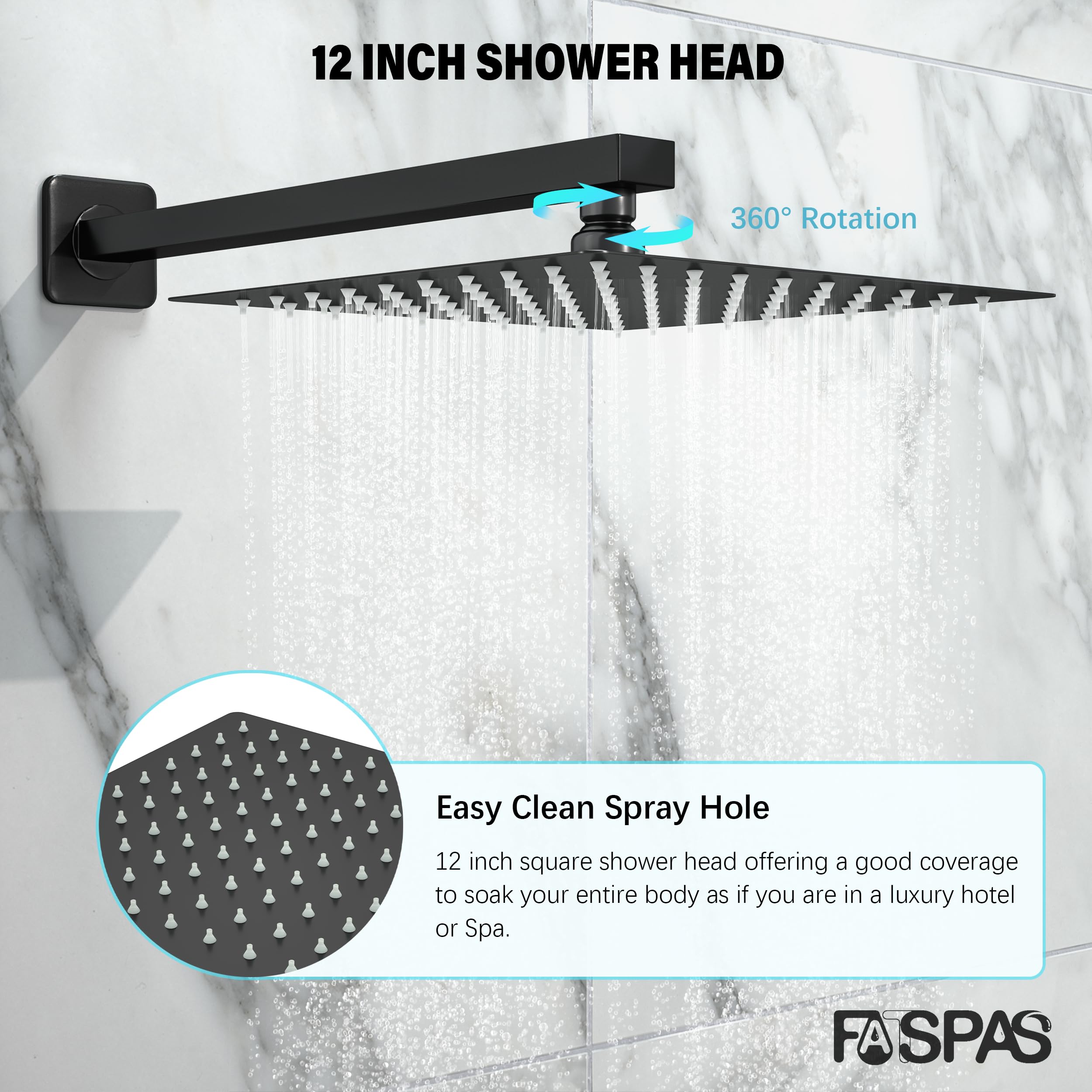 Fatspas Shower System with Tub Spout, Wall Mounted Shower Faucet Set for Bathroom with 12 Inch Rain Shower Head and Handheld Shower Head Set, Matte Black