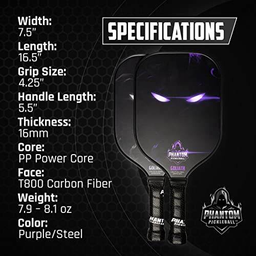 Phantom Goliath 16mm Carbon Fiber Elongated Body Pickleball Paddles - Max Grit and Spin - USAPA Approved β Pickleball Rackets - Pickle-Ball Equipment with Polypropylene Core β Lightweight (Purple)