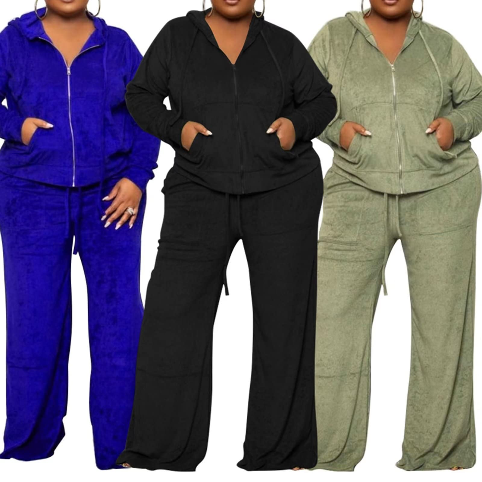 IyMoo Women's Plus Size 2 Piece Velvet Tracksuit Set Long Sleeve Zipper Hoodie Jacket Sweatpants Sweatsuit Jogger Workout Set Light Green 3X