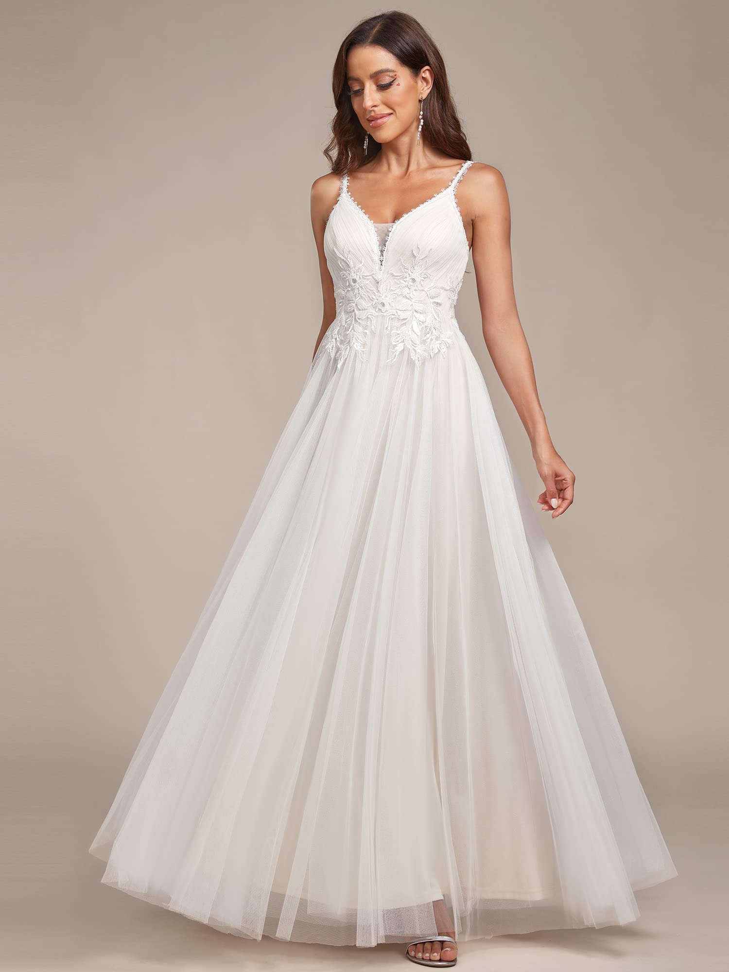 Ever-Pretty Women's Ruched Tulle Embroidered Lace Long Summer Evening Party Dresses for Wedding White US16