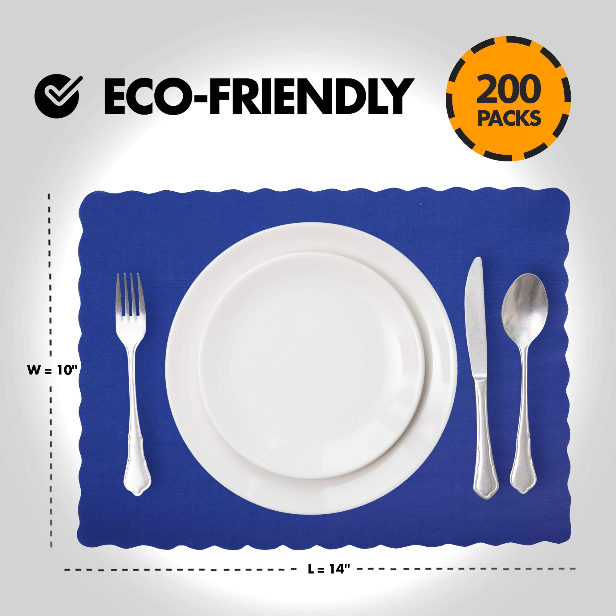 Fit Meal Prep 200 Pack Disposable Paper Placemats, 14 x 10 Inch Blue with Decorative Wavy Scalloped Edge for Restaurant Catering Dining Table, Baby Kids Birthday Parties