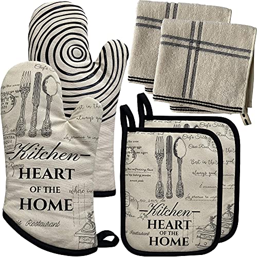 GREVY Cotton Oven Mitts with Silicone Grip Pot Holder Terry Washcloths Basic Kitchen Line Set(6 Pack)