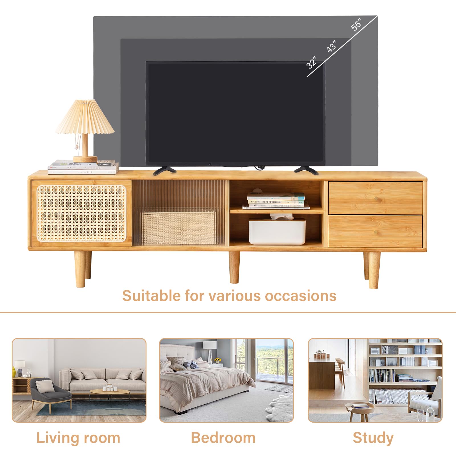 Tiita Rattan TV Stand for 55 60 Inch TV, Bamboo TV Cabinet with 2 Drawers, Boho Entertainment Center with Adjustable Shelf, Mid Century Modern Media Console for Bedroom, Living Room, Study