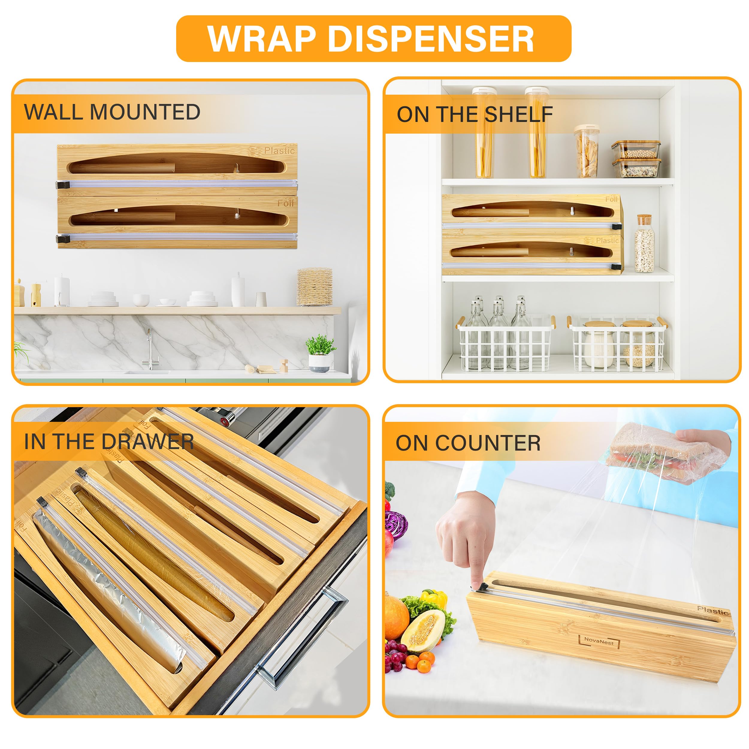 NovaNest Wrap Organizer Dispenser with Cutter, (2 Piece Set), Fits 12" Rolls, Plastic Wrap, Aluminum Foil, Wax Paper, Saran Wrap, Cling Wrap Holder for Kitchen Storage, Mountable, Bamboo