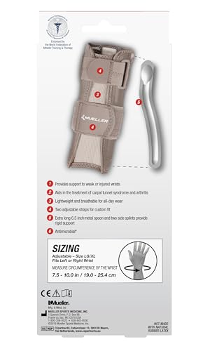Mueller Sports Medicine Reversible Wrist Stabilizer with Splint for Men and Women - Compression Wrist Support for Carpal Tunnel, Arthritis, Tendinitis Relief, Taupe, Large/X-Large