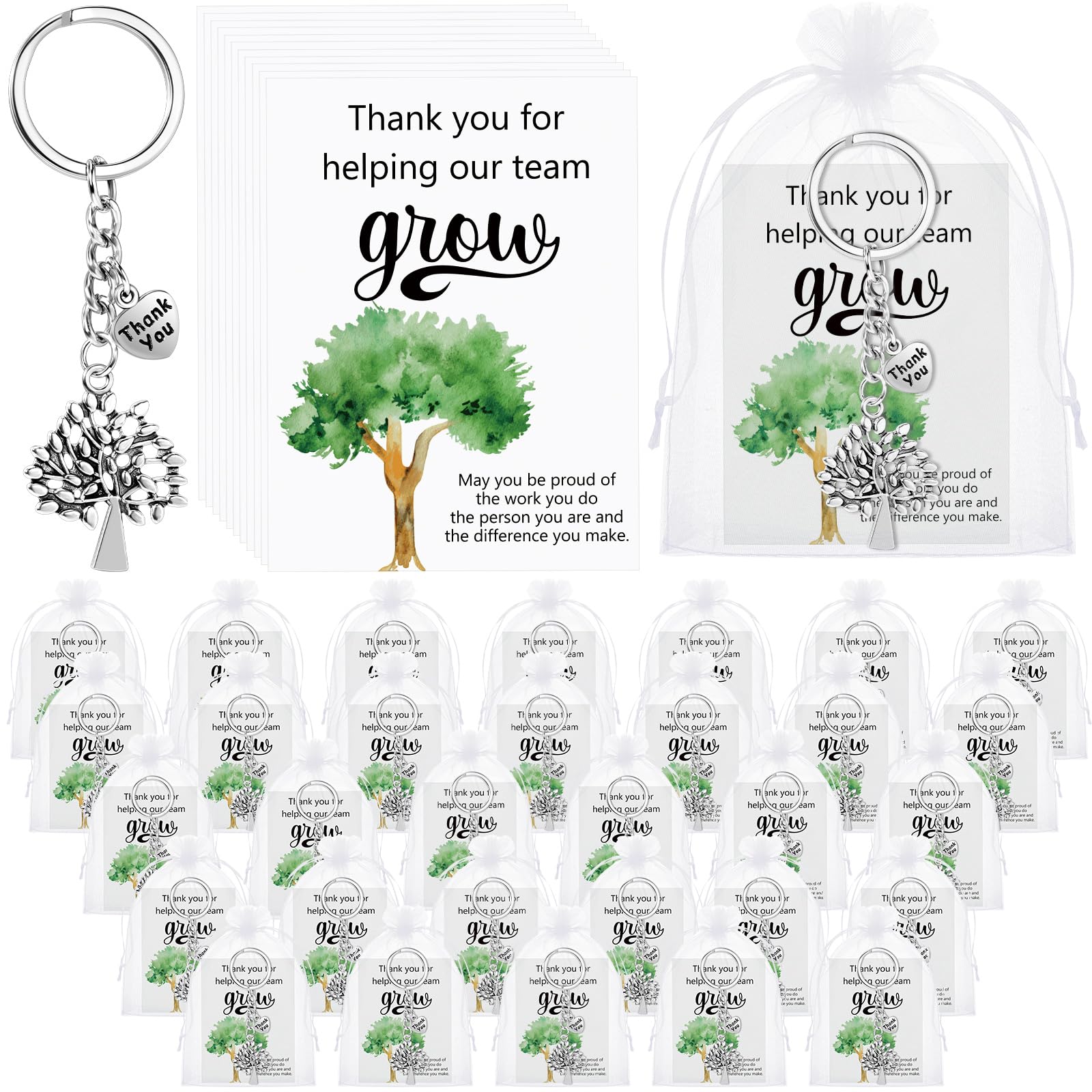 Landical 50 Sets Team Appreciation Gifts Tree Keychains Thank You Card Organza Bag Good Luck Keychain for Employee Coworker