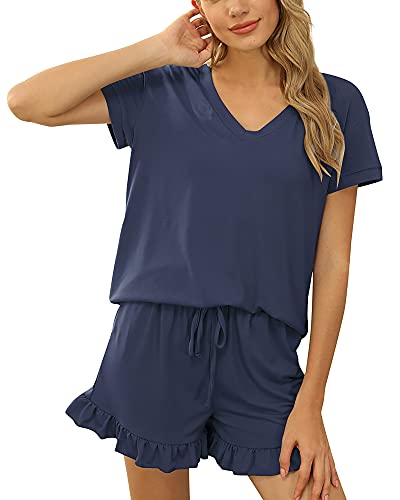 RUNBULE Women's Summer Pajamas Set Ruffle Shorts Sleepwear Loungewear Two Piece PJ Sets(Navy Blue XXL)