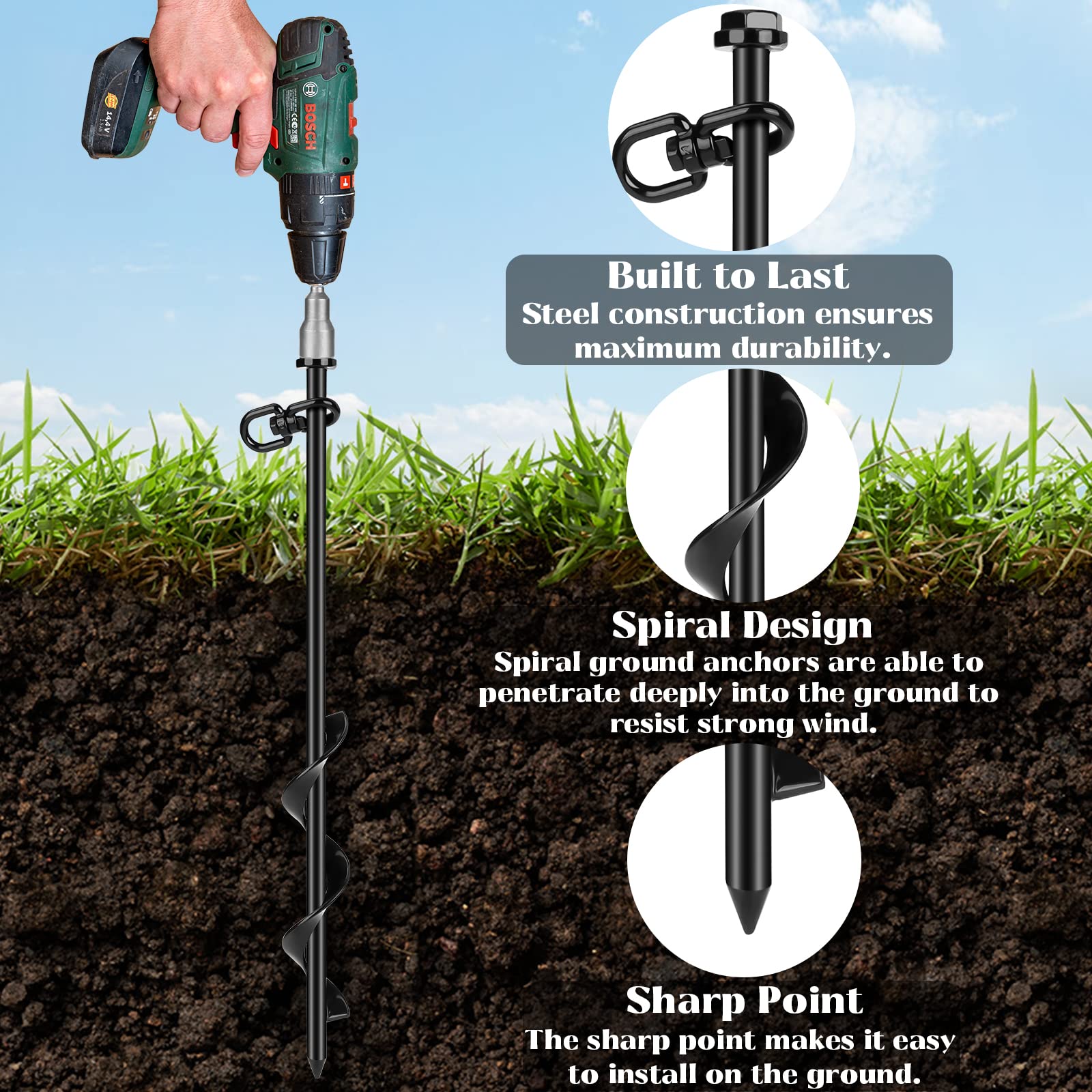 FAURIMMER 6 Pack Ground Anchor Heavy Duty Earth Anchors with T Handle Hex Wrench & Power Nut Driver, Metal Stakes Ground Anchors Screw in for Swing, Trampoline, Tents, Securing Animals