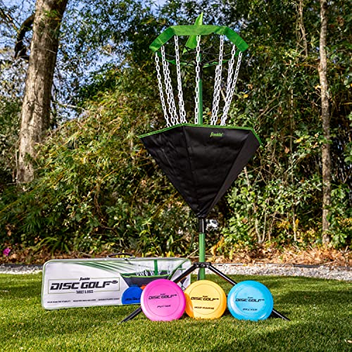 Franklin Sports Disc Golf Basket + Discs Set - Portable Disc Golf Target Basket with Chains - 3 Discs Included - Driver, Mid-Range + Putter